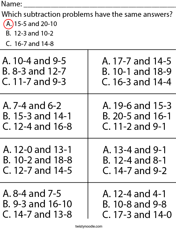 Which subtraction problems have the same answers Math Worksheet - Twisty Noodle